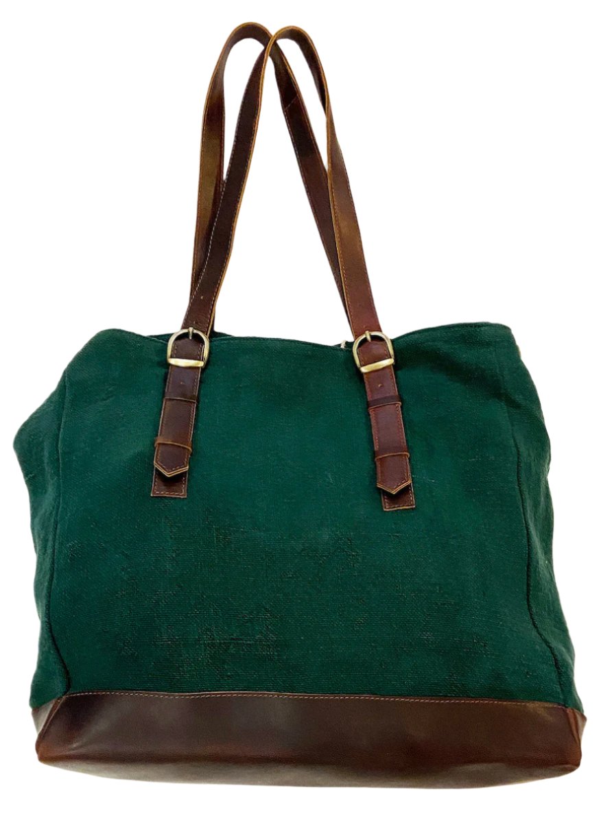Handmade Burlap Jute Leather Satchel Forest Green India ( 15" x 14")